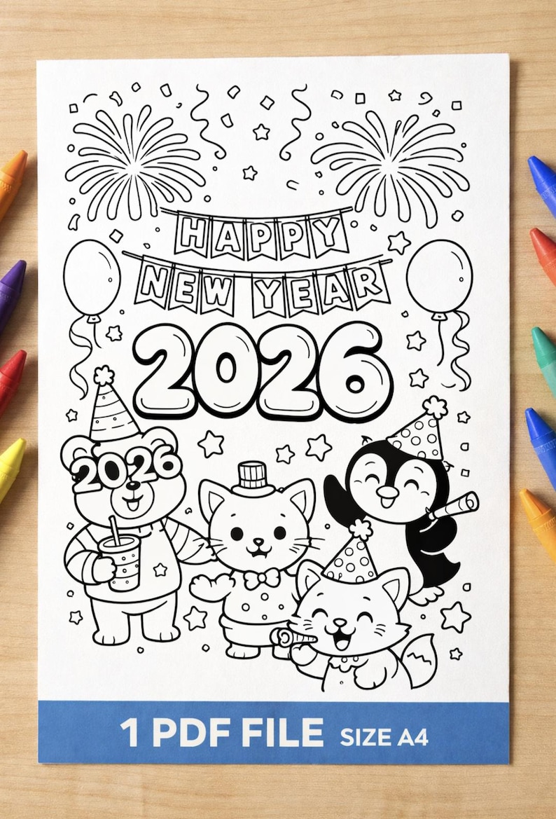 Coloriage Nouvel An 2026 pour enfants : animaux mignons, bonne année ...