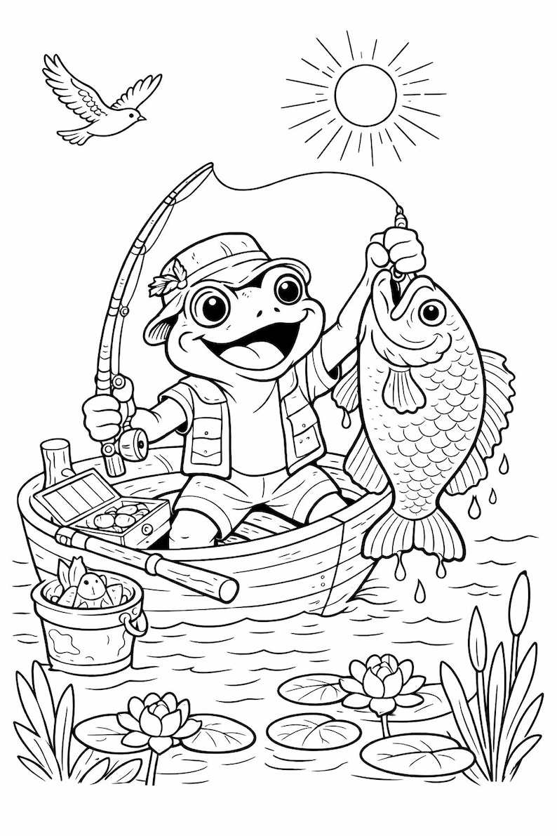 Frog Fishing Coloring Page for Kids | Cute Animal Coloring Sheet ...