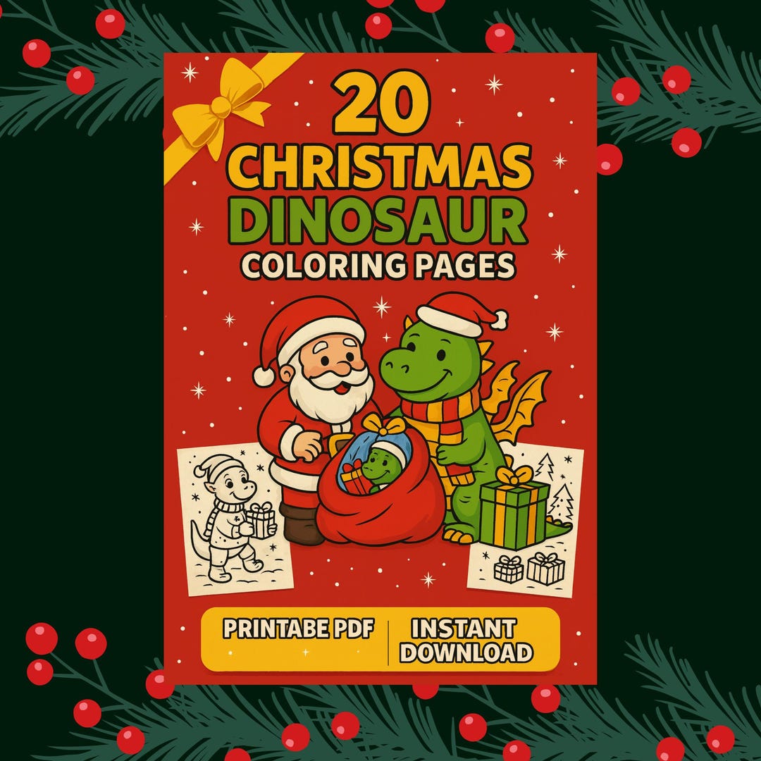 Christmas Dinosaur Coloring Pages Printable PDF | Holiday Kids Activity ...
