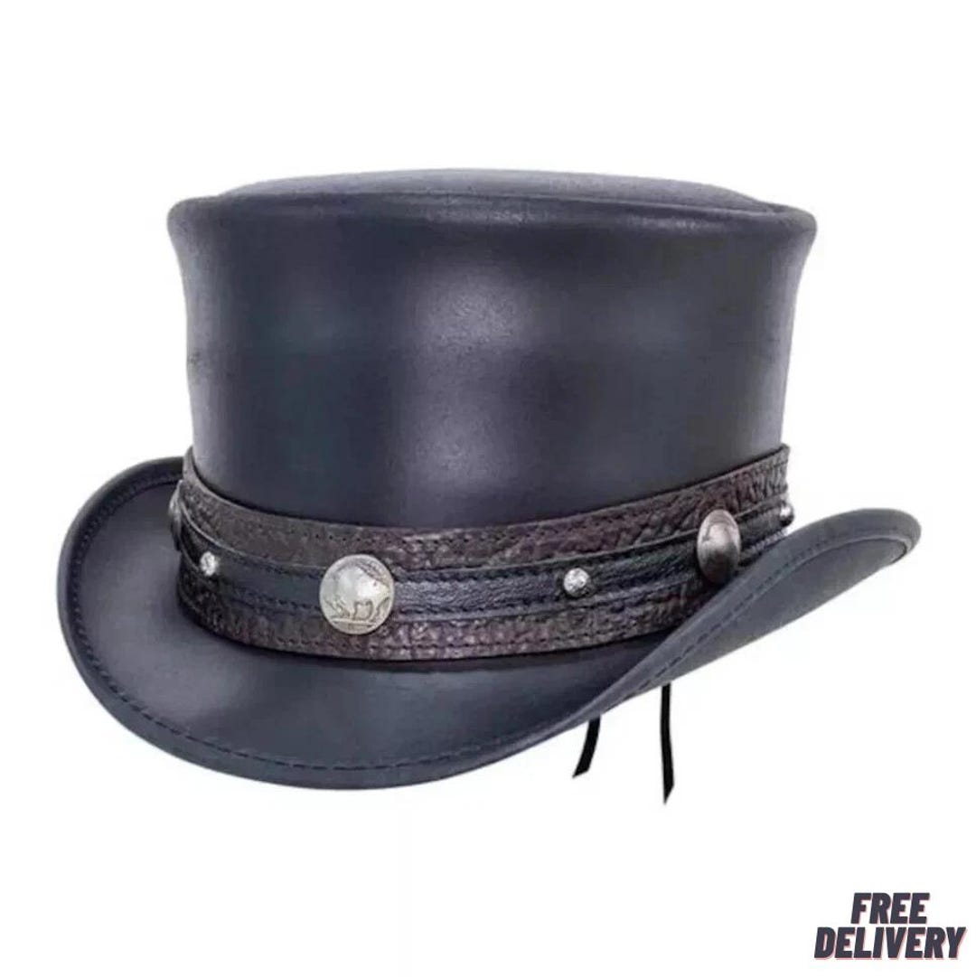 Handcrafted Black Leather Steampunk Top Hat With Conchos | Gothic ...