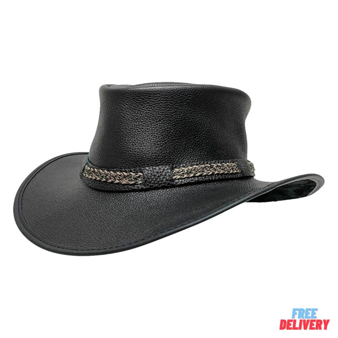 Genuine Leather Western Cowboy Hat With Braided Band, Wide Curved Brim ...