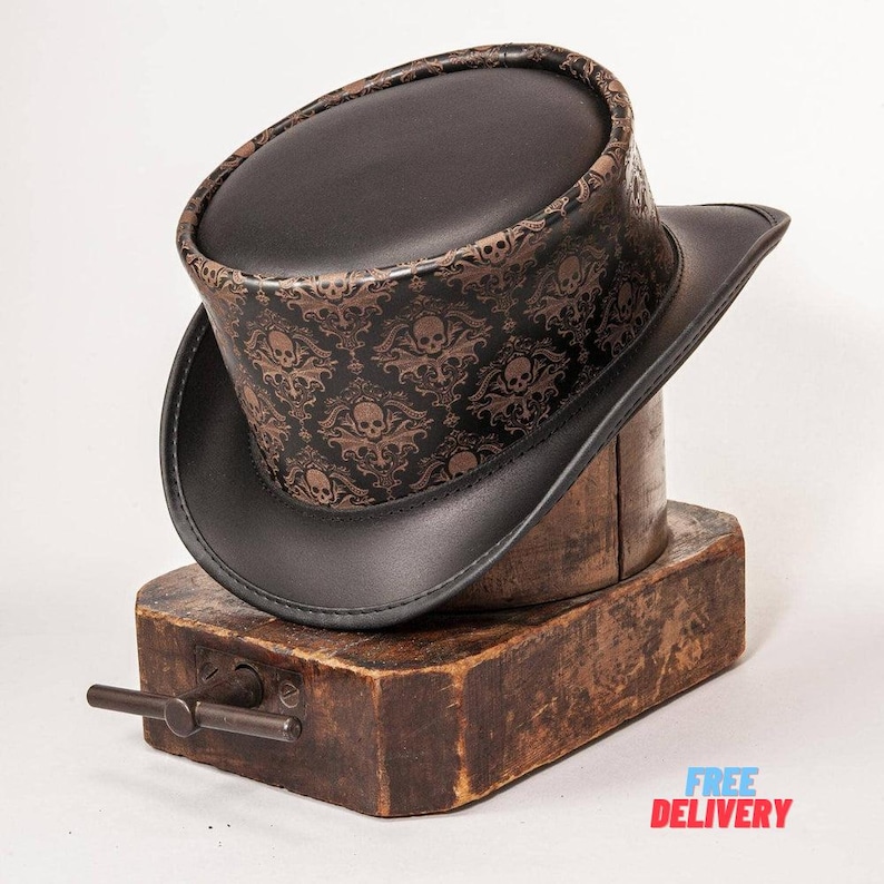 Gothic Steampunk Top Hat – Black Leather With Embossed Skull Pattern ...