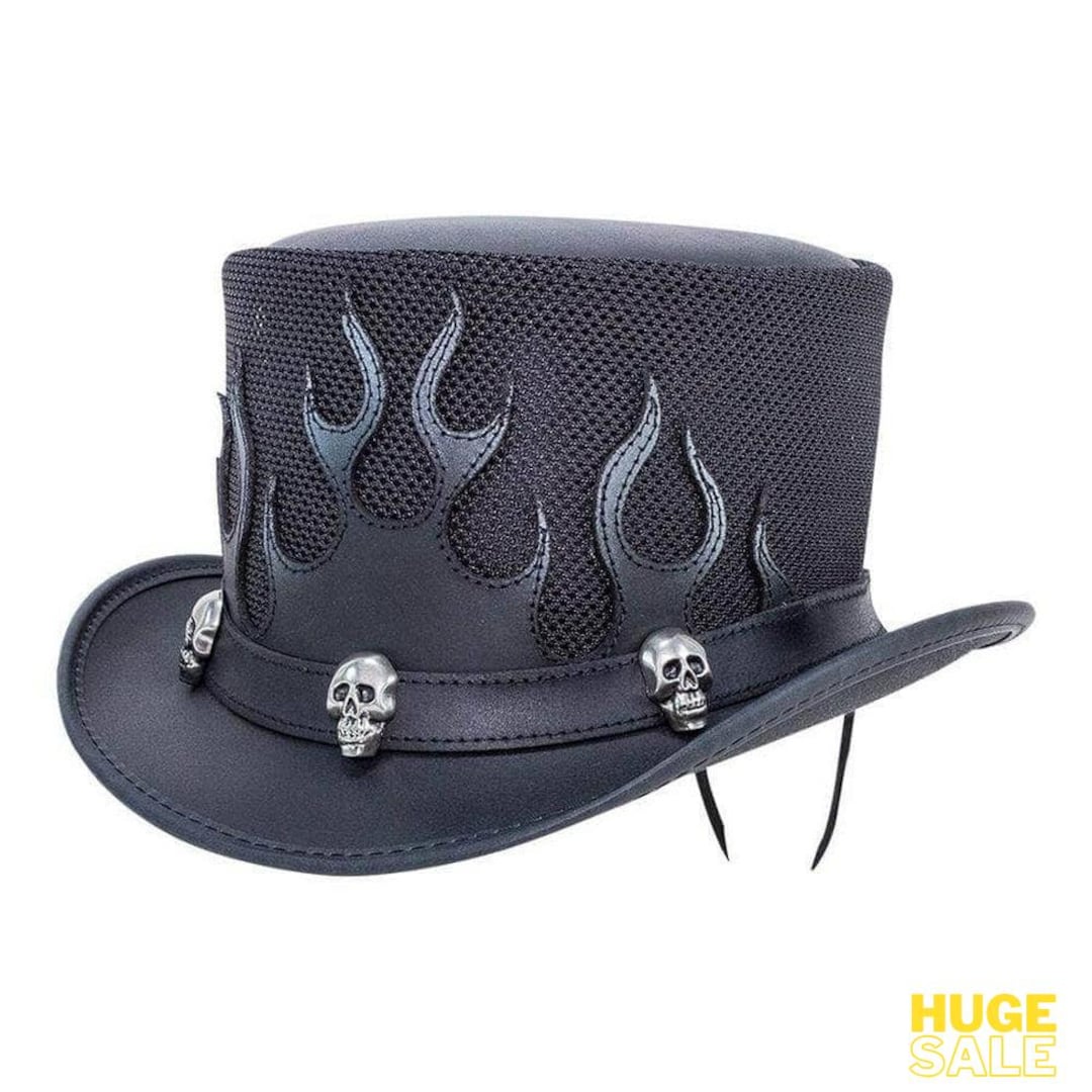 Black Gothic Top Hat With Skull Studs and Flame Mesh Design – Edgy ...