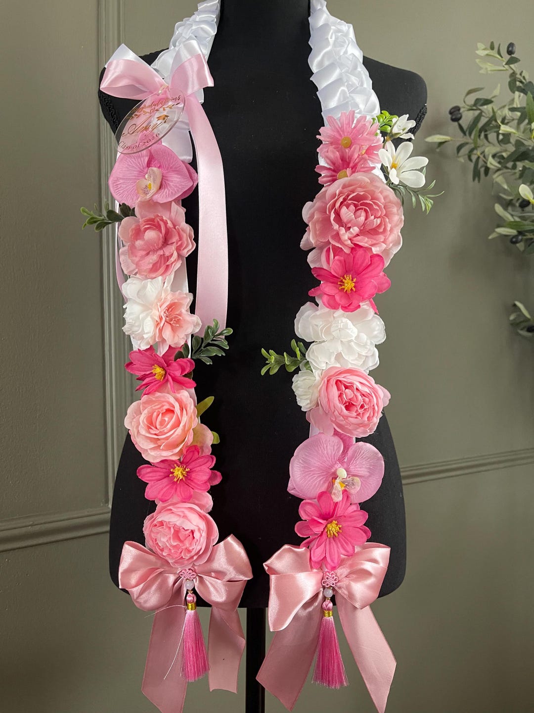 Pink & White Artificial Flower Graduation Lei – Elegant Satin Ribbon ...