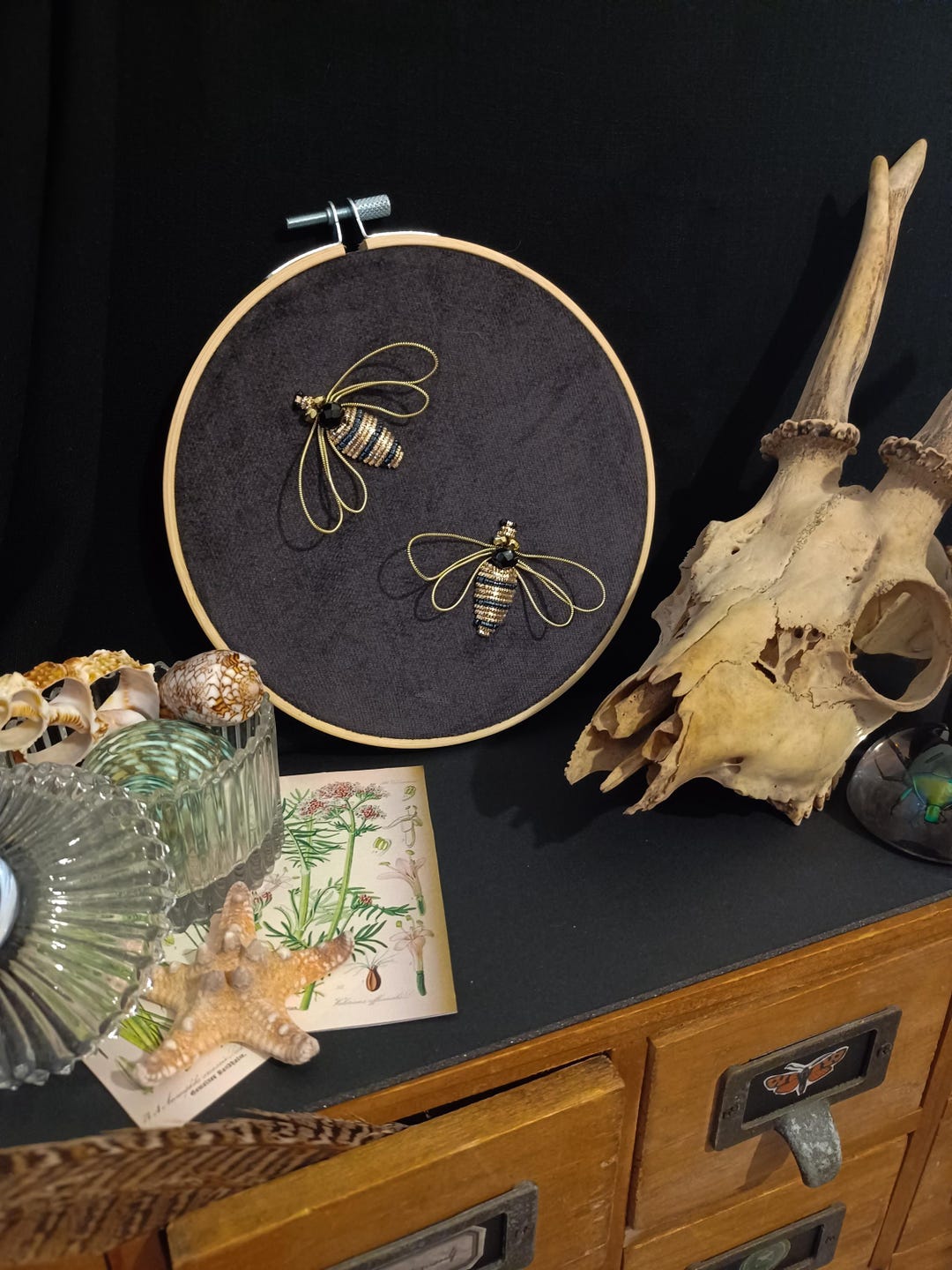 Embroidered Drum With Golden Bees, Grey Velvet Wall Decoration ...