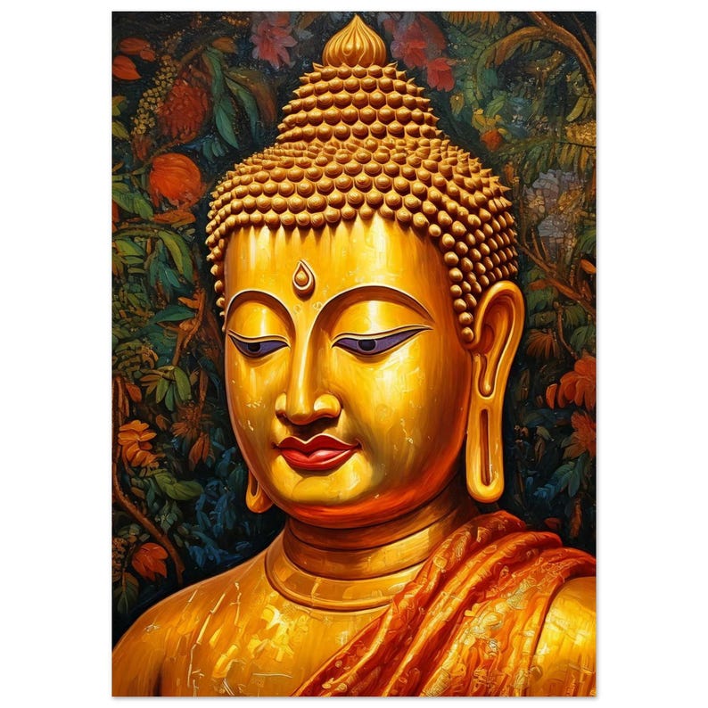 Meditating Buddha Poster in Gold With Red Robe Against Ornamental ...