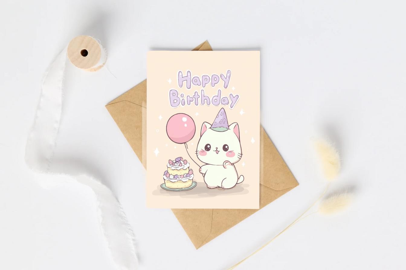 Adorable Kitty Birthday Card - Printable Chibi Cat Illustration With ...