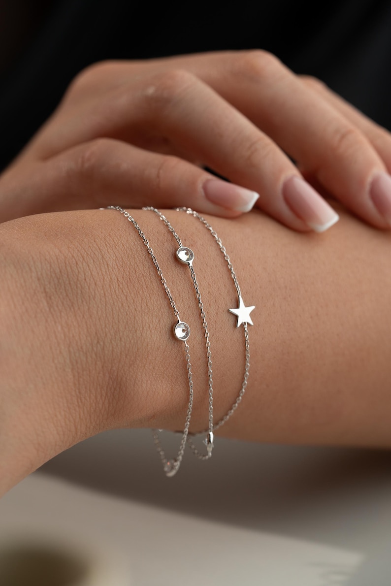 Celestial Star Bracelet Layered Silver Chain Minimalist Crystal Gift ...