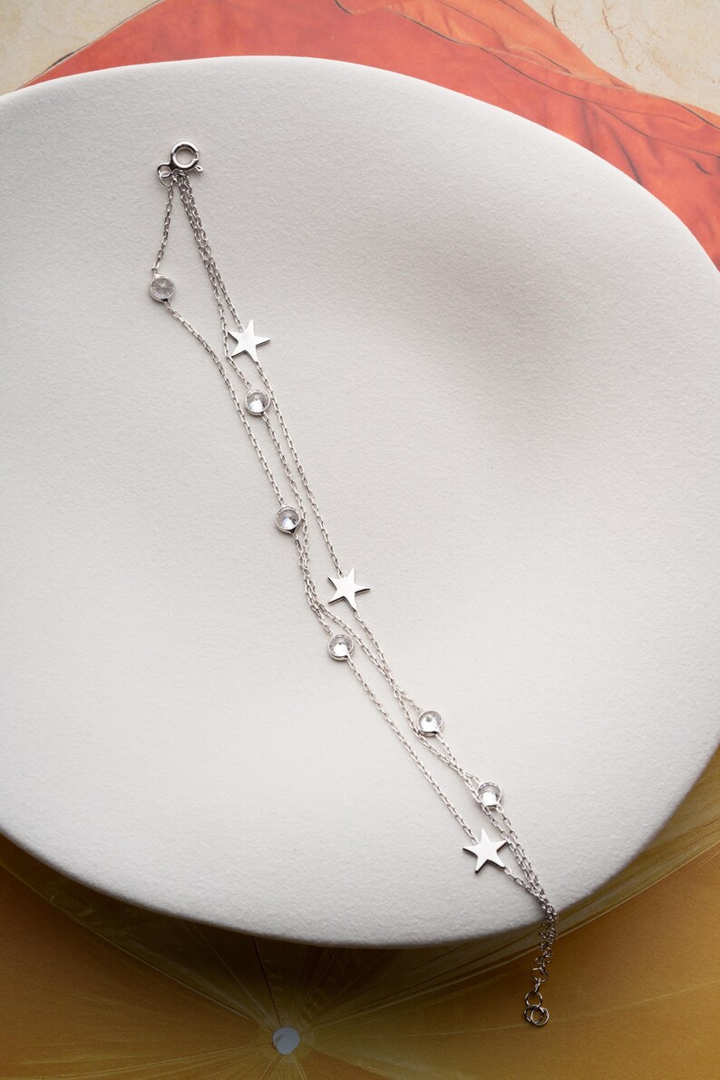 Celestial Star Bracelet Layered Silver Chain Minimalist Crystal Gift ...