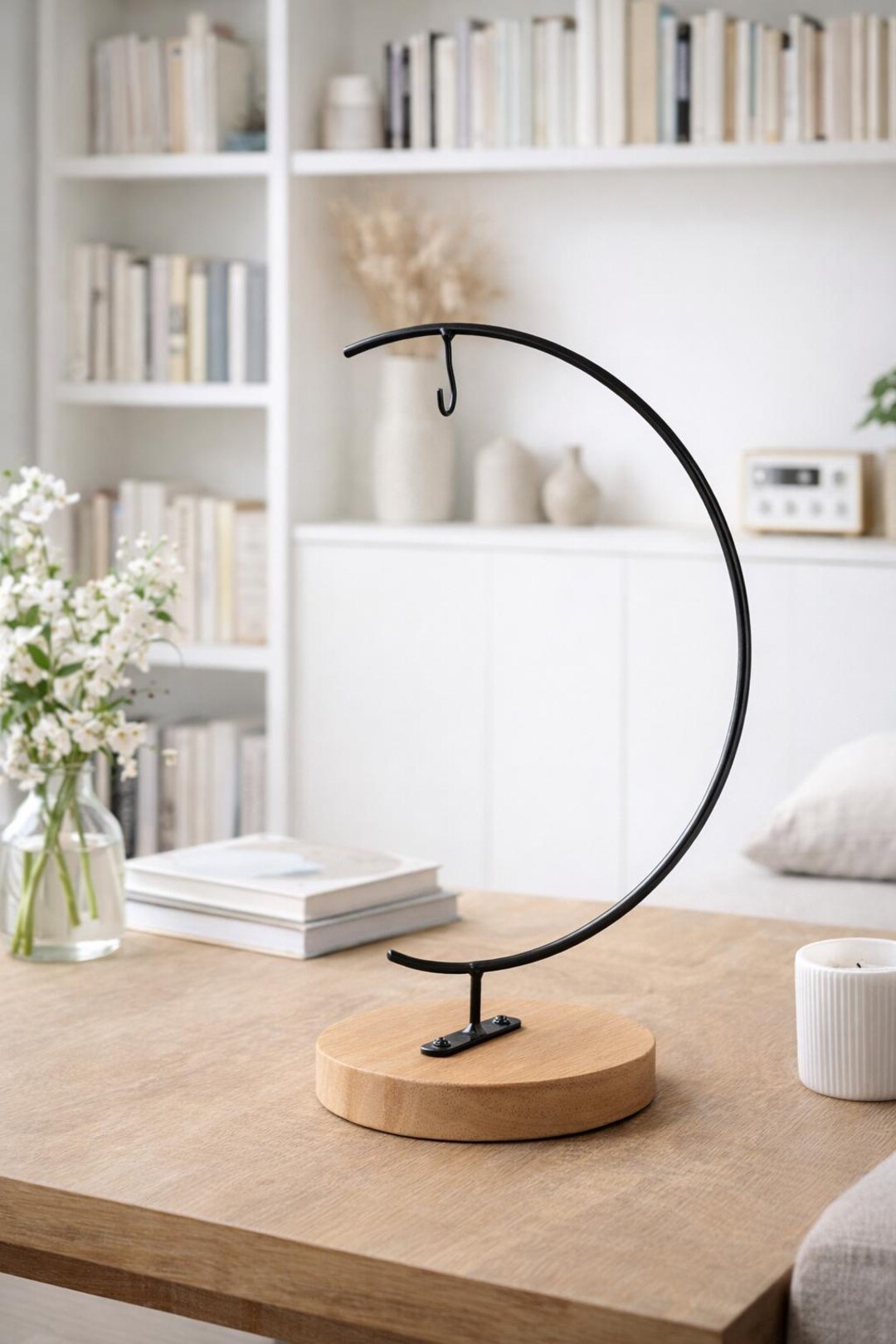 Black Display Stand With Wooden Base, Metal Ornament Holder for ...
