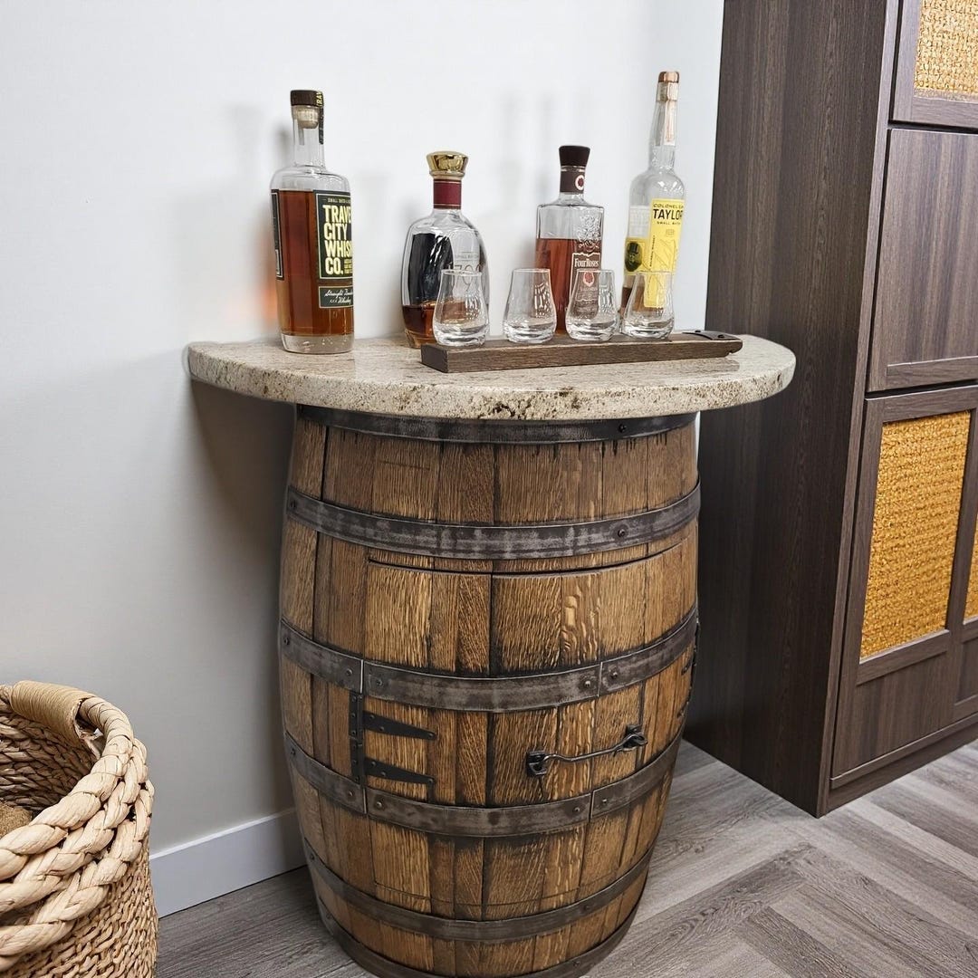 Rustic Whiskey Barrel Bar With Granite Top | Reclaimed Wood Cabinet ...