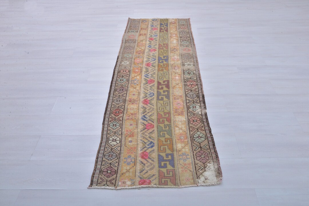 2x7 Runner, Faded Rug, Muted Colors, Beige, Brown, Muted Green, 2x7 ...