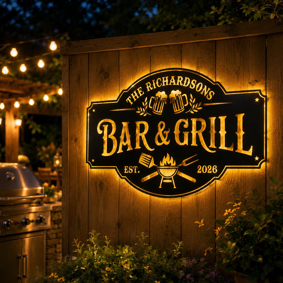 Personalized Bar and Grill Sign With Led Light, Home Bar Decor ...