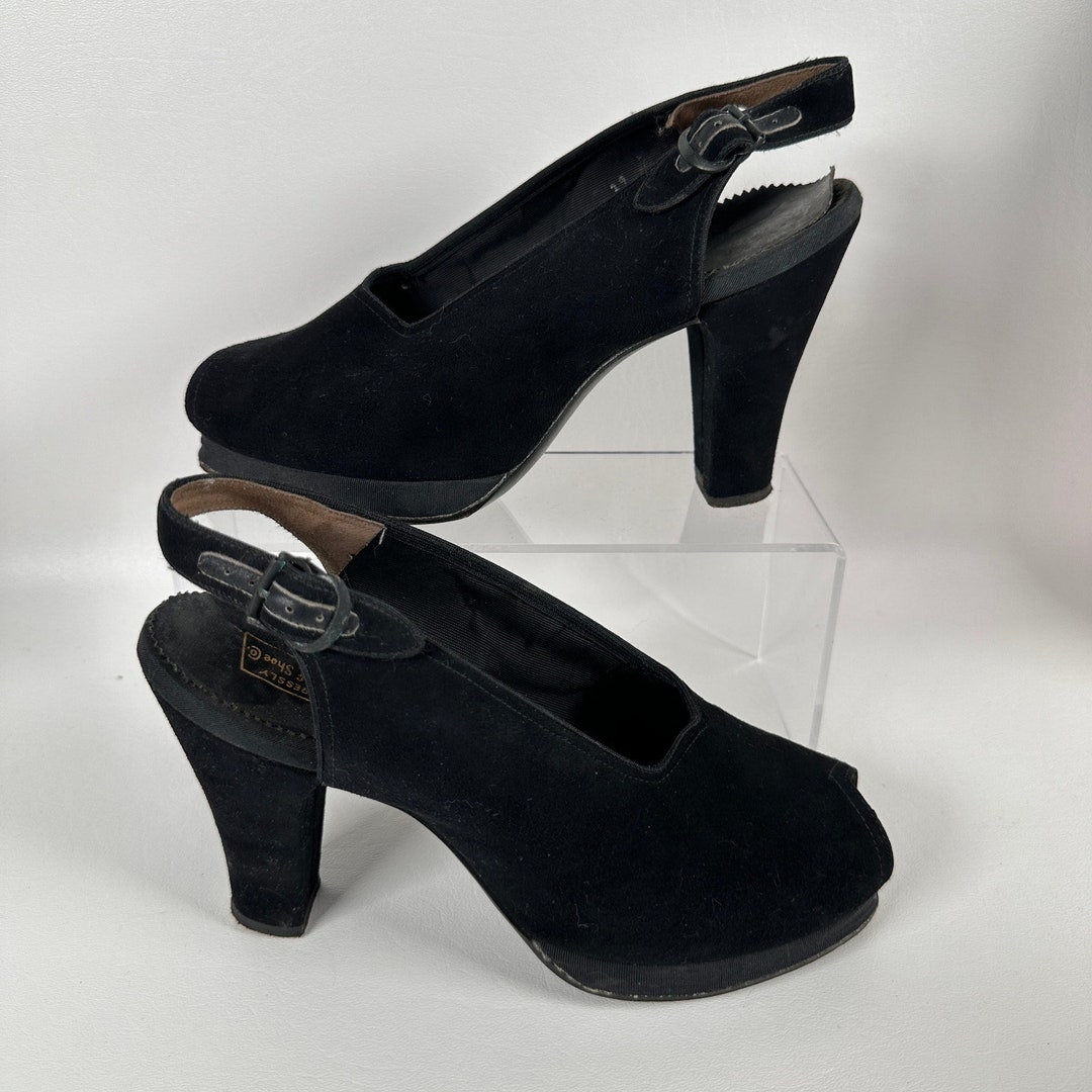 1940s Black Suede Peep-toe Slingback Platform Heels Wolff Shoe Co Size ...