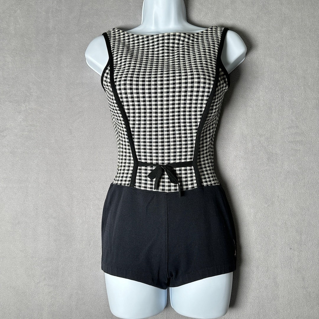 60s Jantzen Pin-up Bombshell Black and White Gingham One Piece Bathing ...