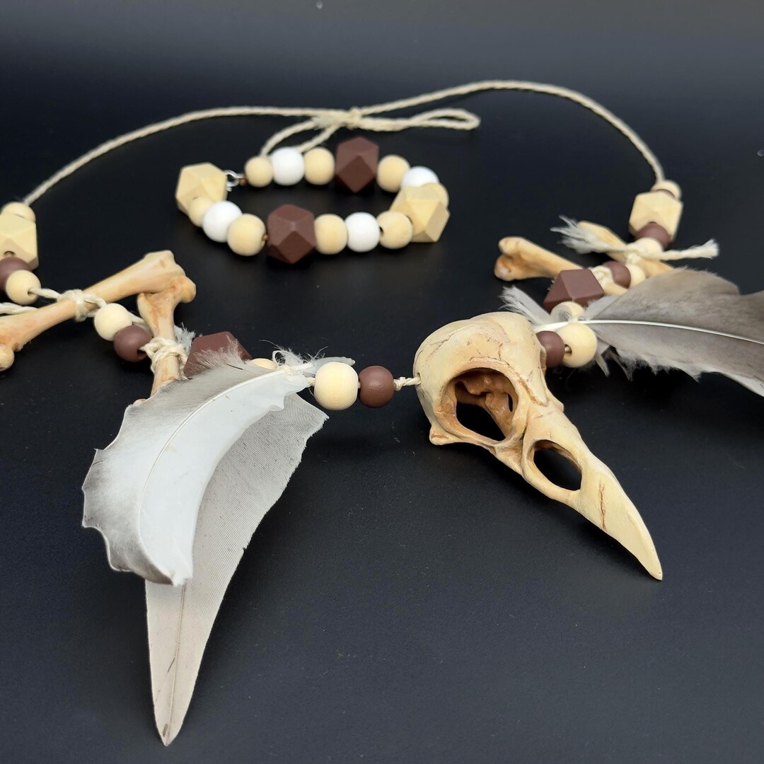 Raven Skull Necklace – Hand-painted Gothic Bone Jewelry With Feathers ...