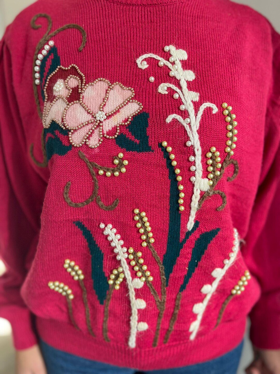 Vintage Floral Sweater,pink Embroidered Knit Jumper,80s Beaded Flowers ...