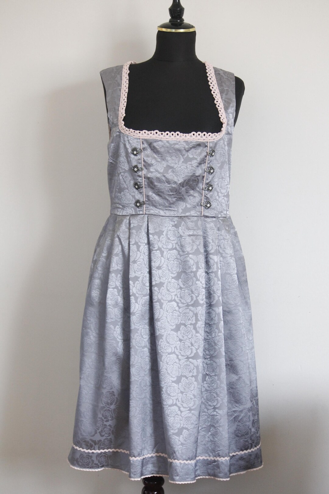 Vintage Silver Dirndl Dress, Oktoberfest Bavarian Floral Jacquard, Size ...