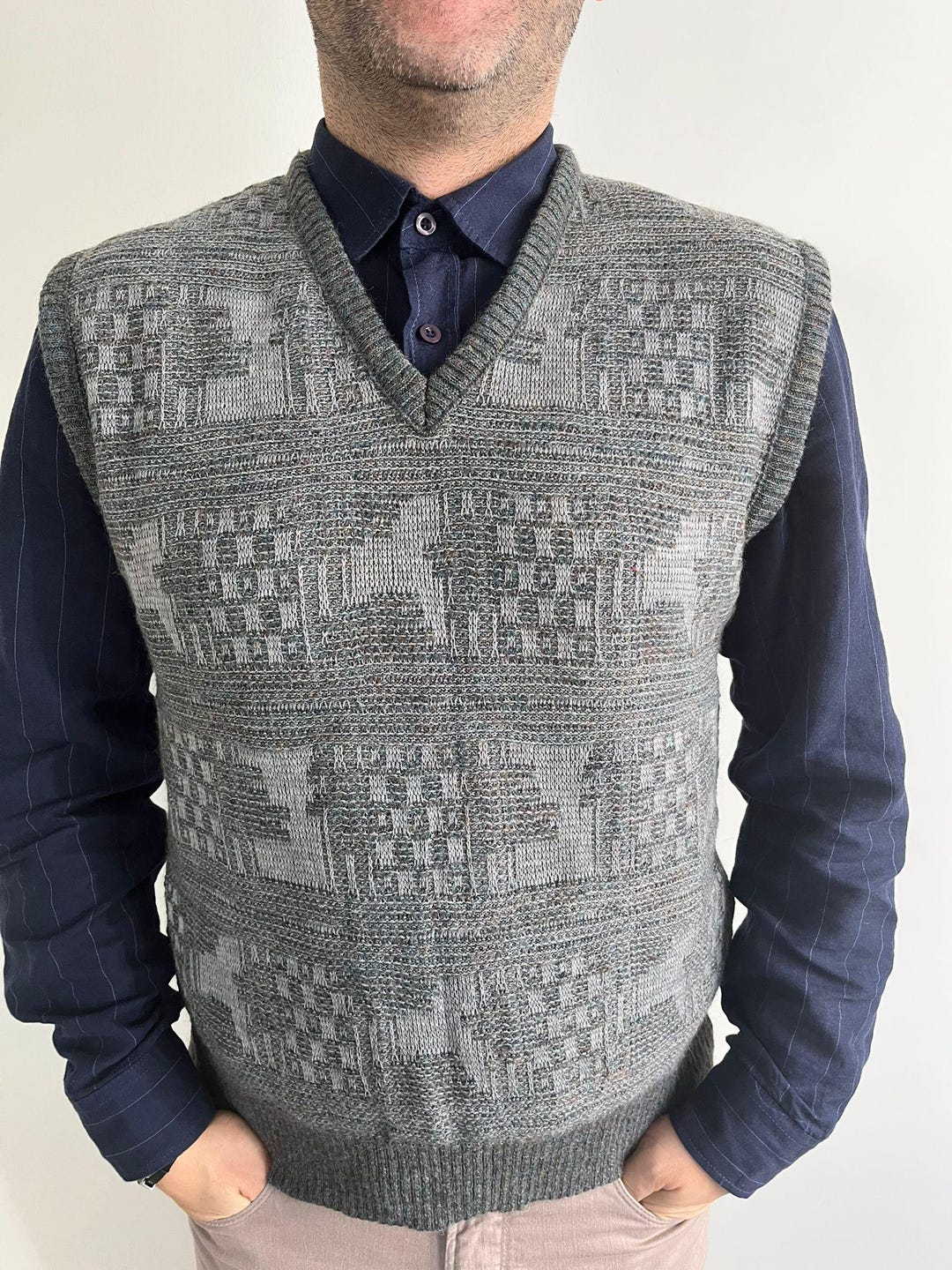 Vintage Geometric Knit Vest, Men's Wool Blend Sleeveless Top - Etsy