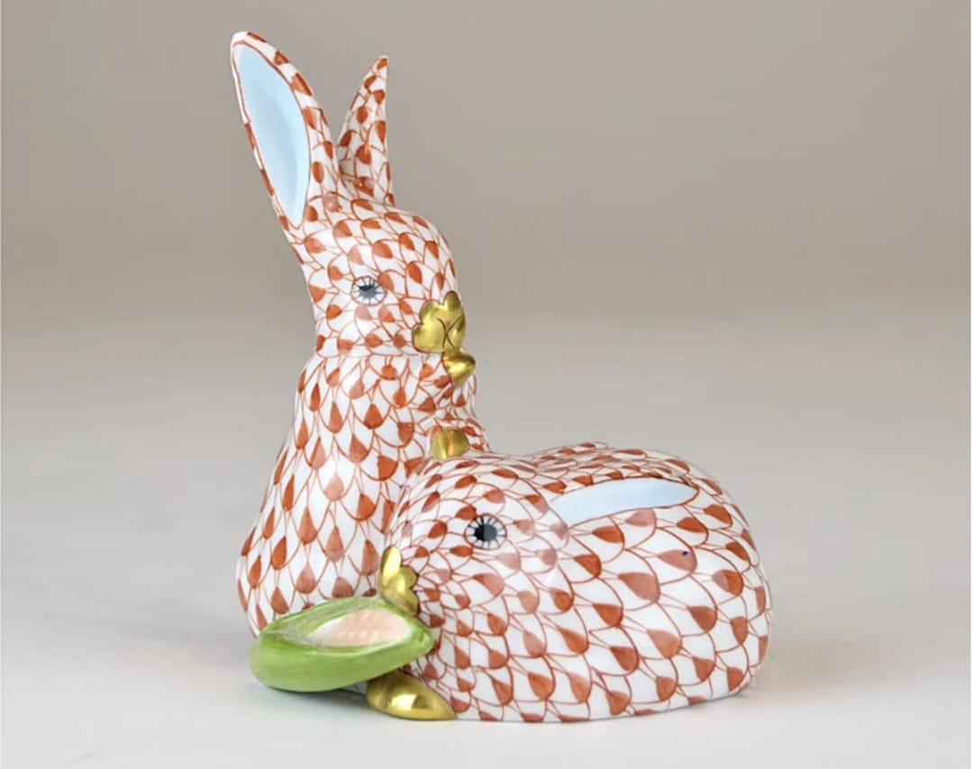 Herend Bunny Figurine – Rust Fishnet Porcelain Rabbits – Hand-painted ...