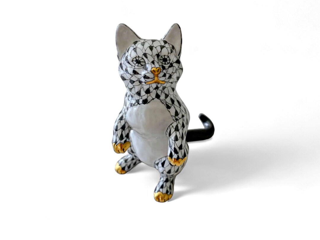 Herend Cat Figurine in Black Fishnet. Made in Hungary, a Cute Kitty ...