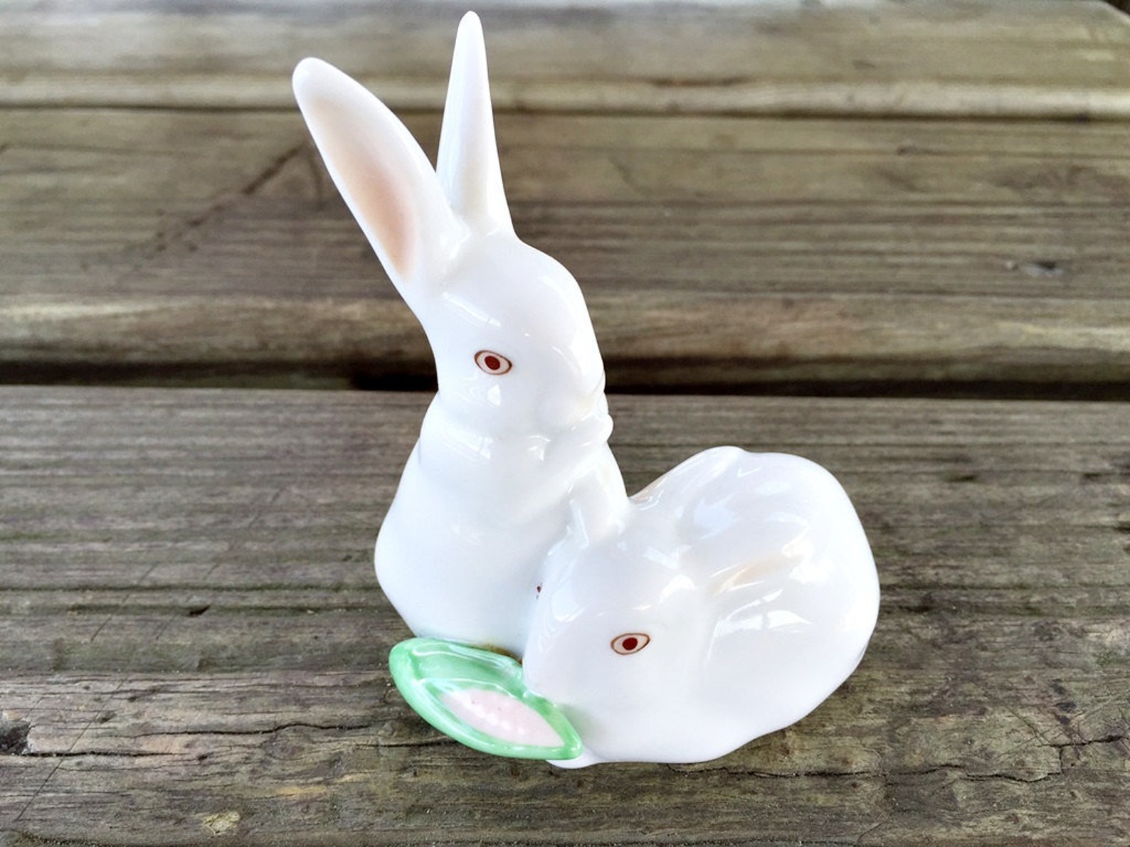 Herend Rabbit Figurines Porcelain Bunnies With Corn Red Eyed - Etsy