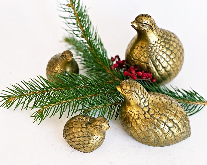 4 Vintage Brass Partridge Figurines, A Family of Quail Birds for Retro ...