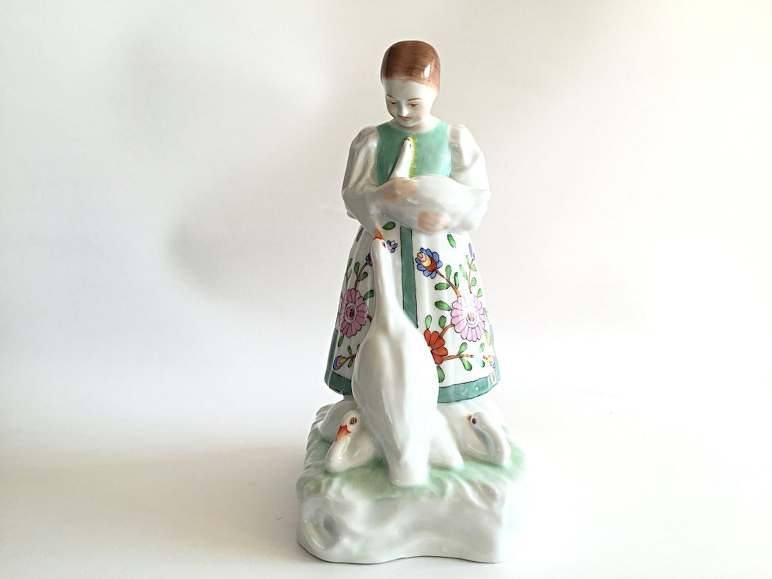Vintage Herend Porcelain Figurine | Girl Feeding Geese | Hand-painted ...