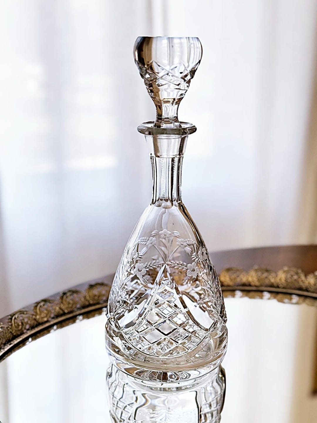 Vintage Crystal Decanter With Stopper, 1980s Floral Cut Glass Barware ...