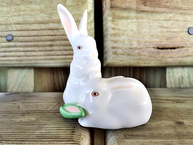 Herend Rabbit Figurines Porcelain Bunnies With Corn Red Eyed - Etsy