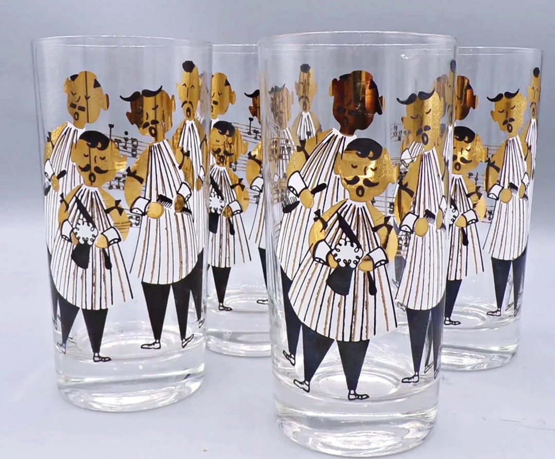 4 Signed Gay Fad, Highball Cocktail Glasses. Barbershop Quartet Pattern ...