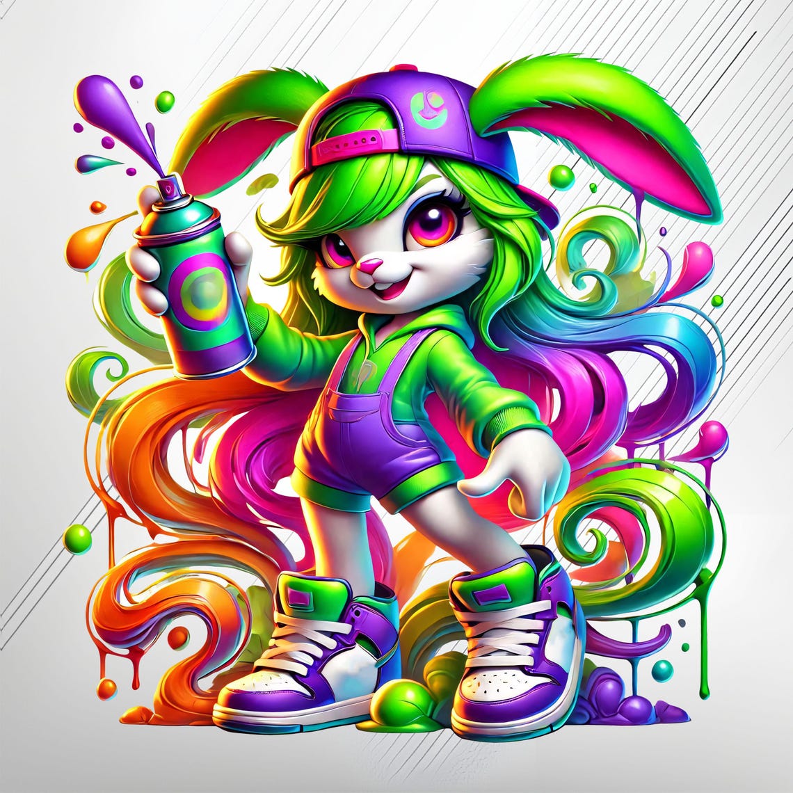 Vibrant Graffiti Bunny Art Print – Neon Street Style Rabbit Character ...