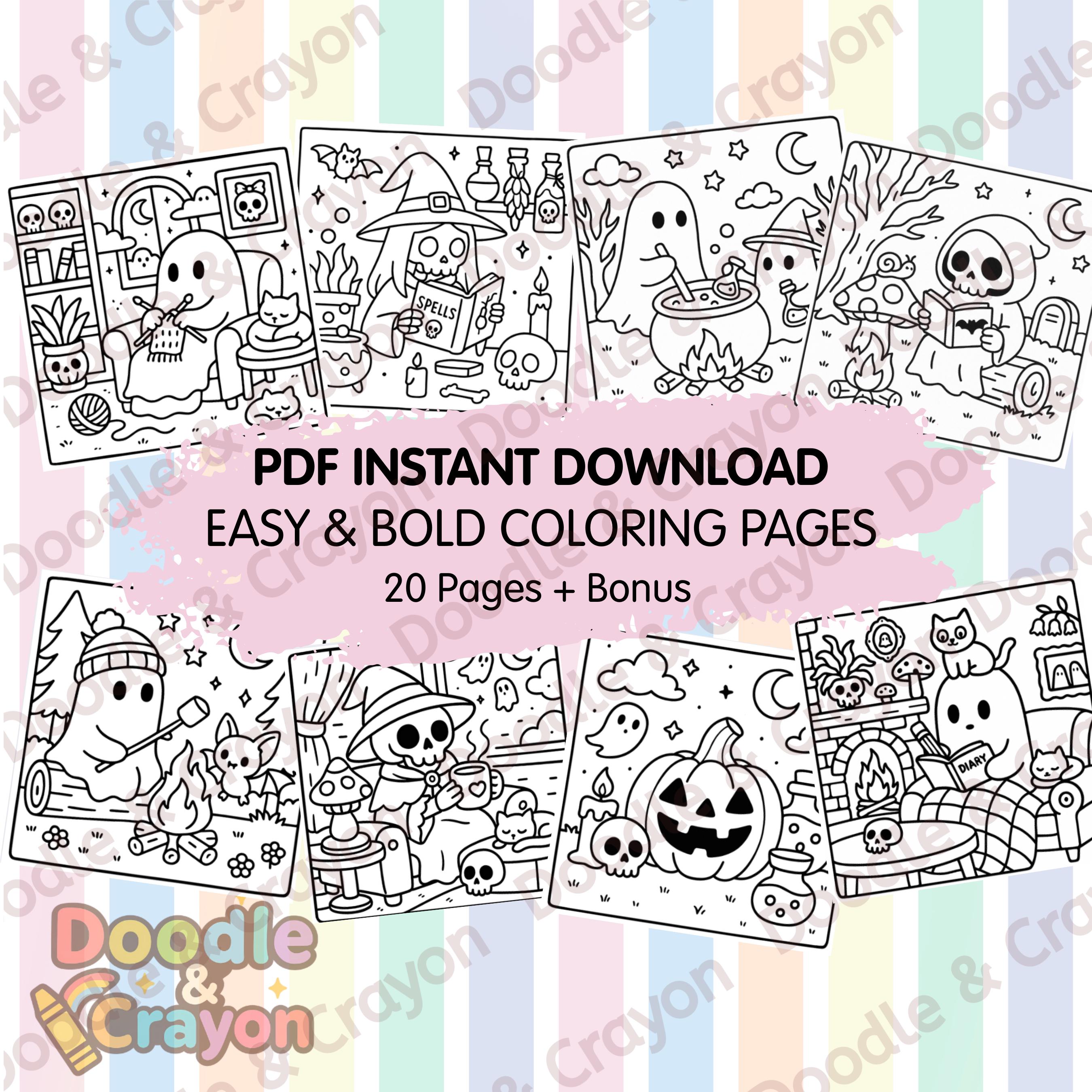 Coloring Book Adult & Kids, 20 Pages Spooky Creepy Friends Bold Easy ...