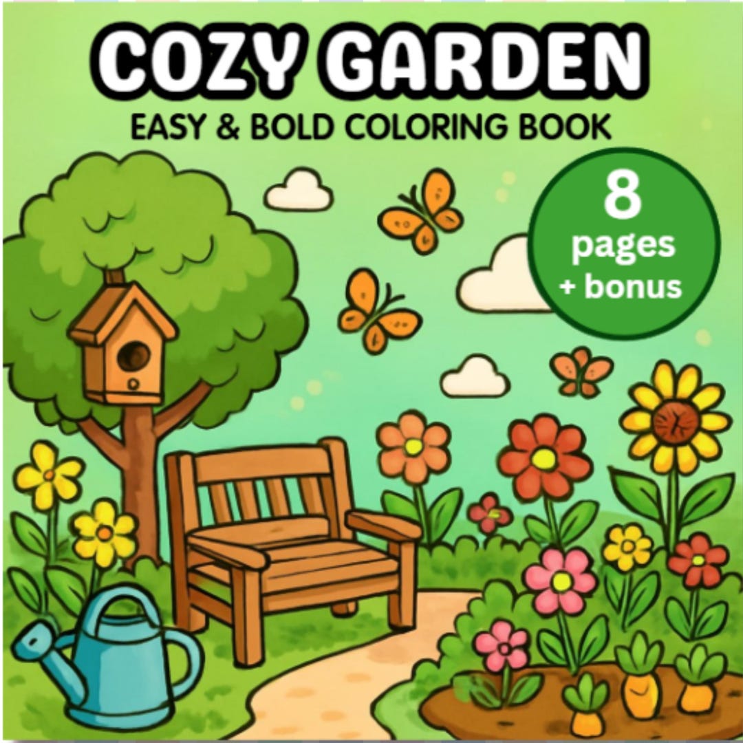 Cozy Garden Stress Relief Coloring Pages, Bold Easy Digital Coloring ...