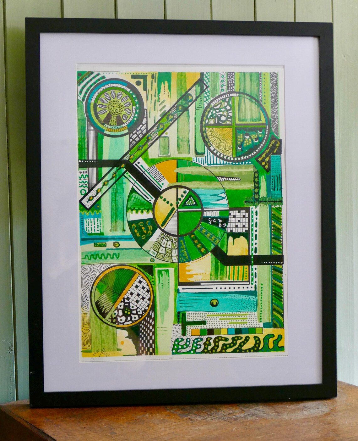 Abstract, Doodle Art, Original A3, Acrylic, Ink, Paint, Green. (framed ...