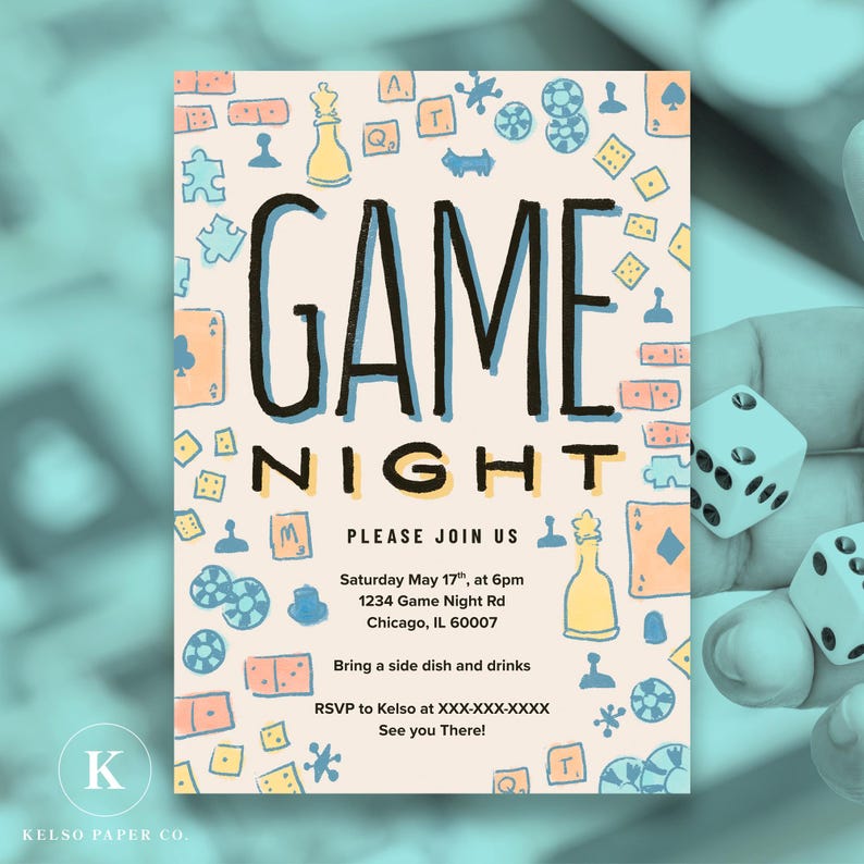 Game Night Invite, Invitation. Dice, Puzzles, Dominos, Poker, Scrabble ...