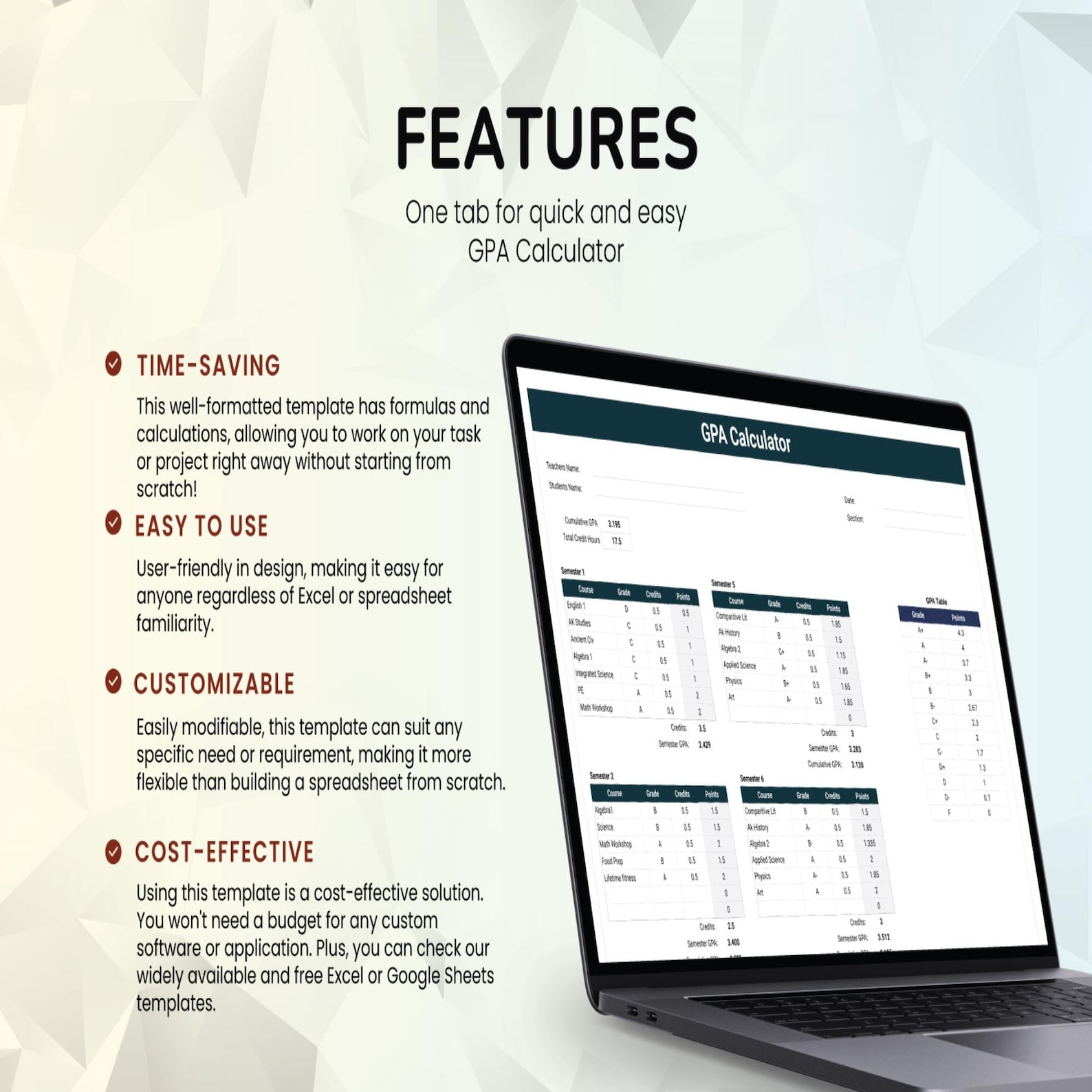 GPA Calculator Template – Excel & Google Sheets Grade Point Average Spreadsheet for Students ...