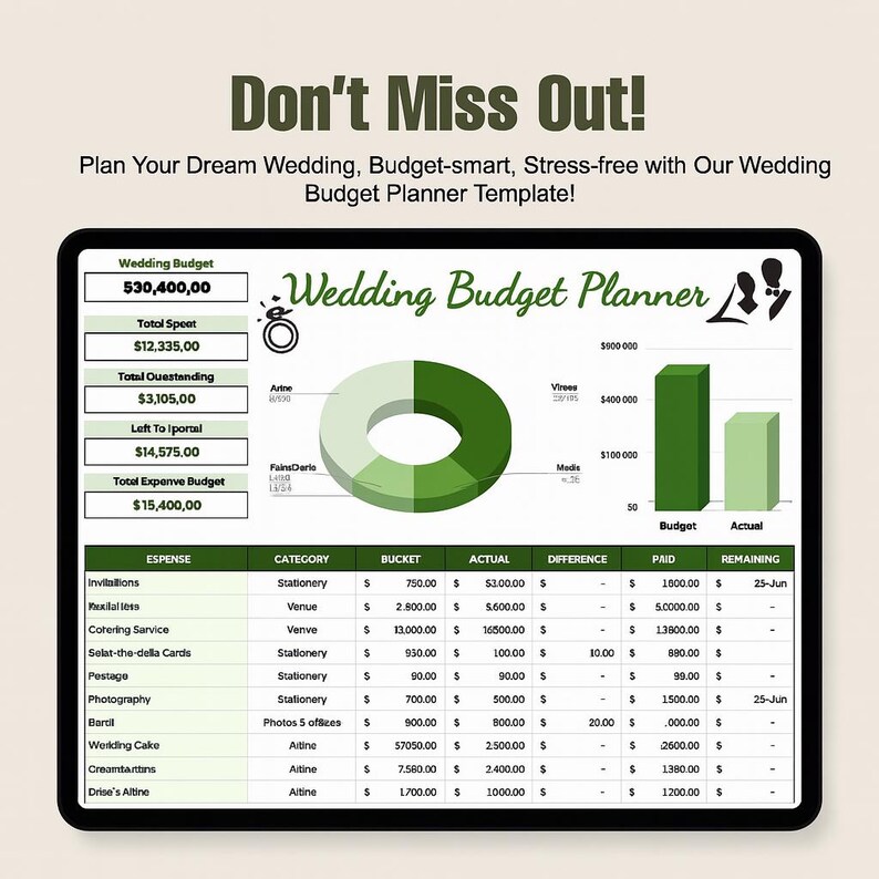 Wedding Budget Planner Excel Template | Bridal Expense Tracker ...