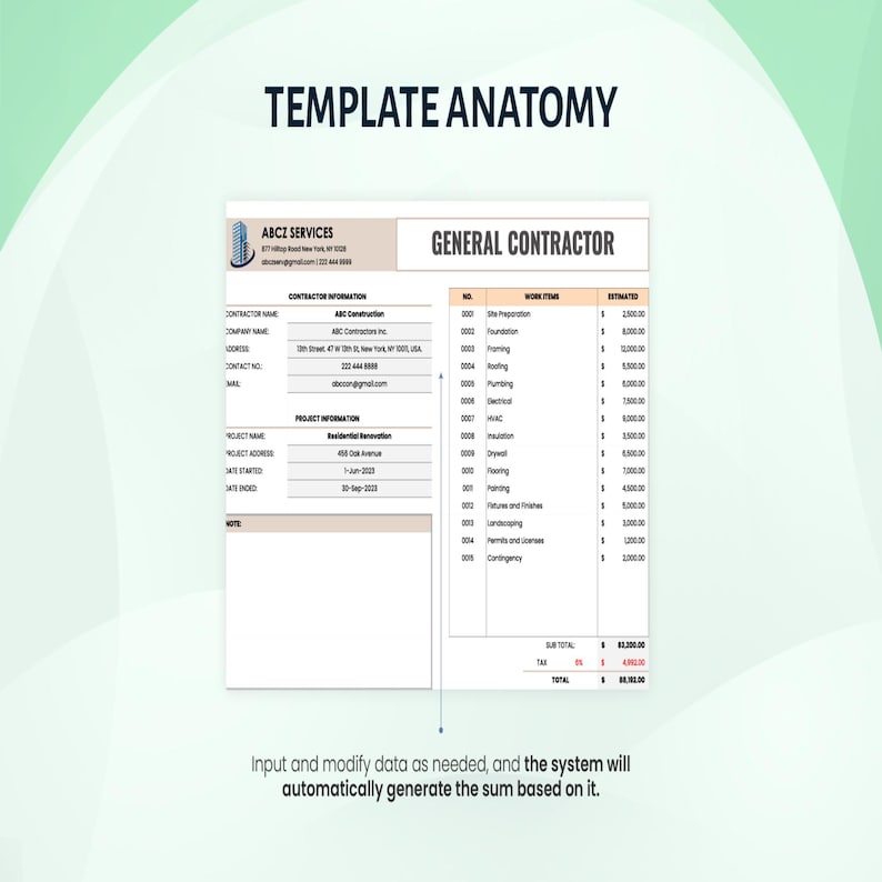 General Contractor Estimate Template Excel Google Sheets • Contractor ...