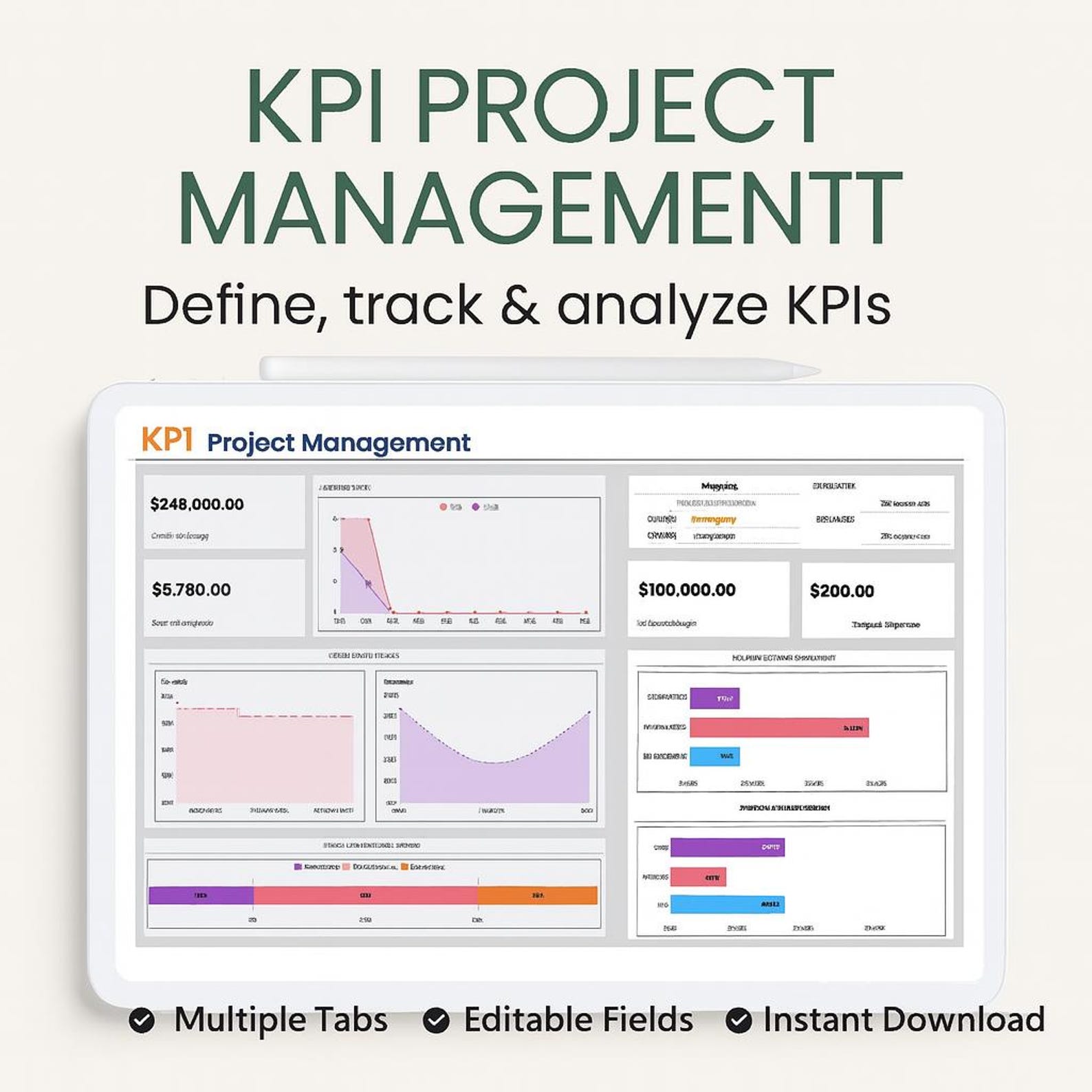 KPI Project Management Dashboard Excel & Google Sheets | Task Tracker ...
