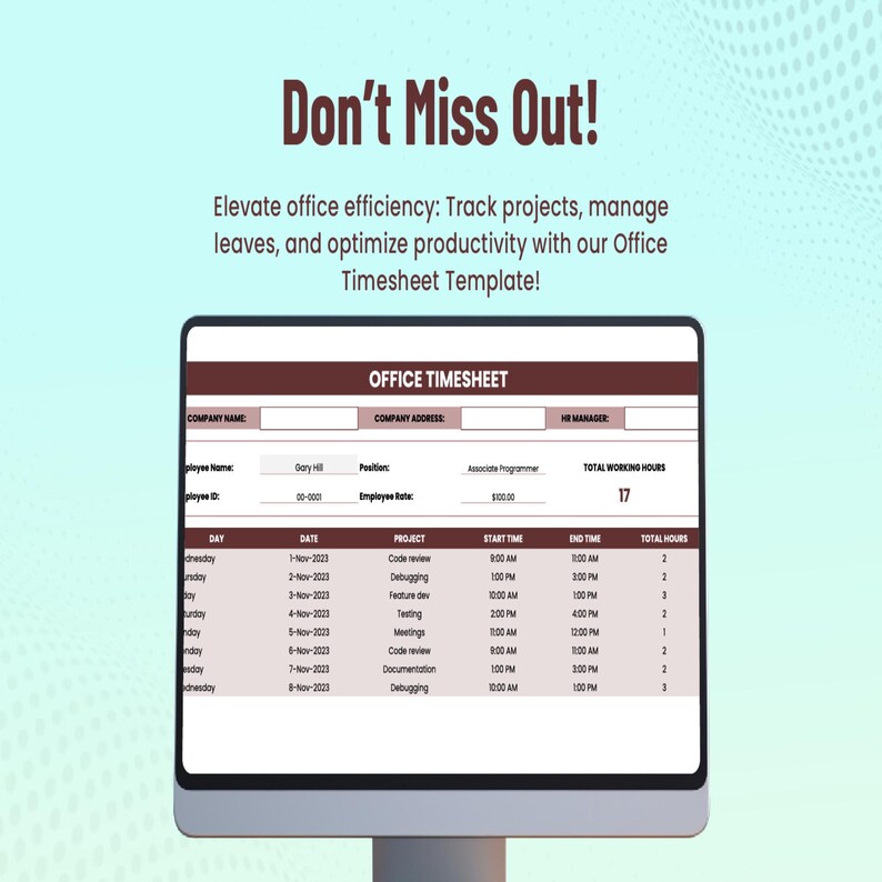 Office Timesheet Template | Digital Employee Time Tracker | Work Hours ...