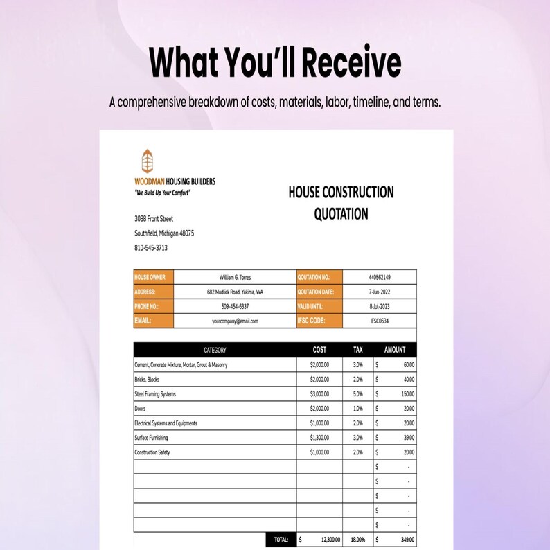House Construction Quotation Template Excel | Construction Cost ...