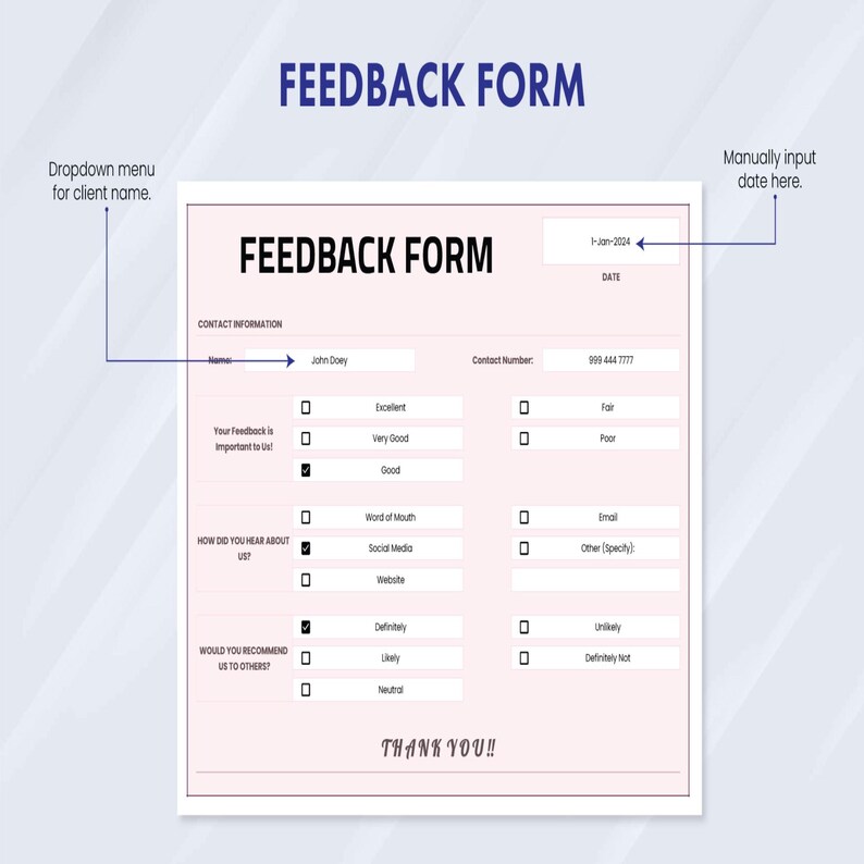 Feedback Form Template | Editable Excel, Google Sheets & Printable PDF ...