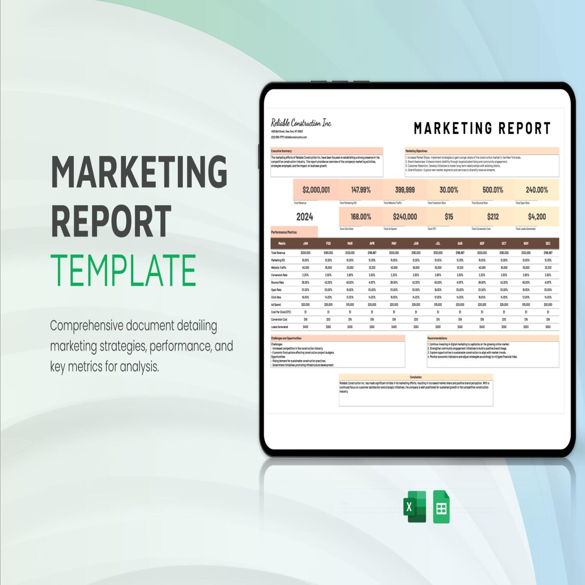 Marketing Report Template Excel Google Sheets Campaign Performance KPI ...