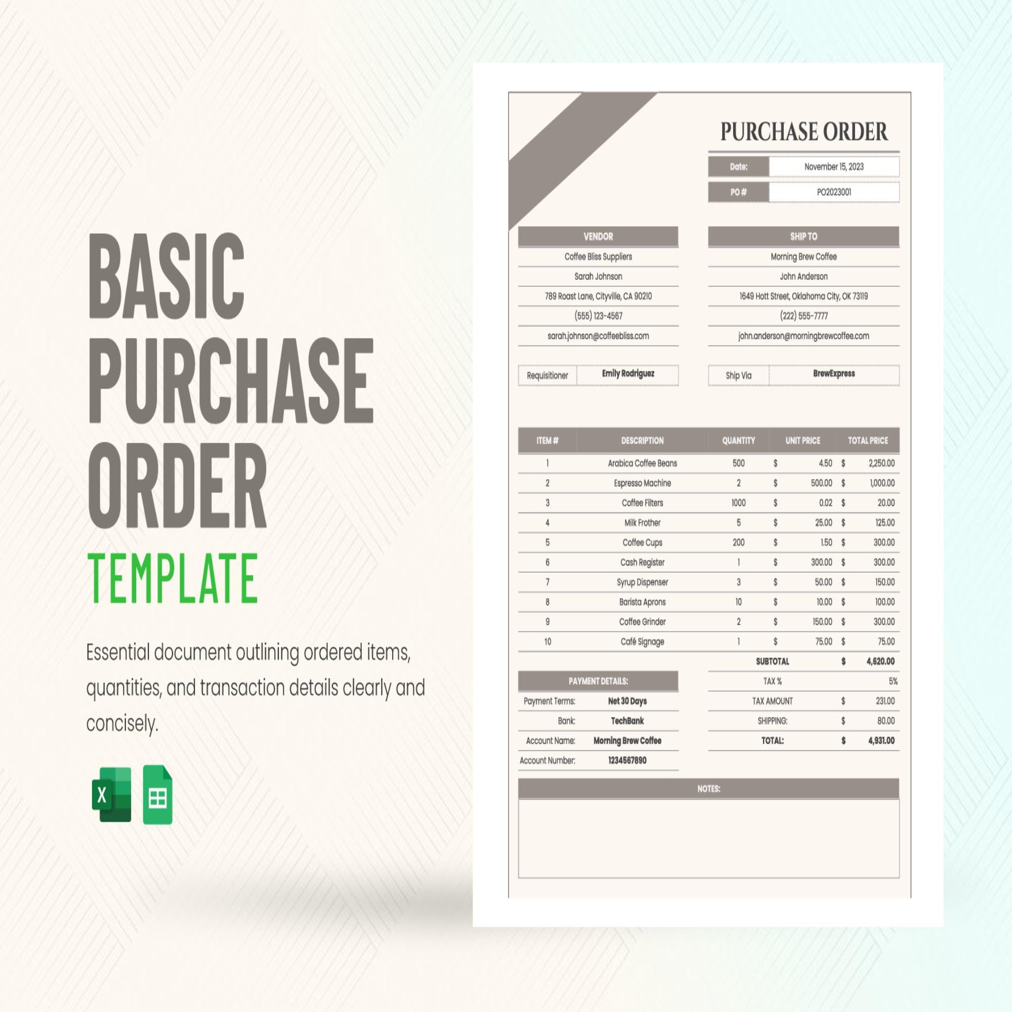 Basic Purchase Order Template for Small Business | Editable Excel ...