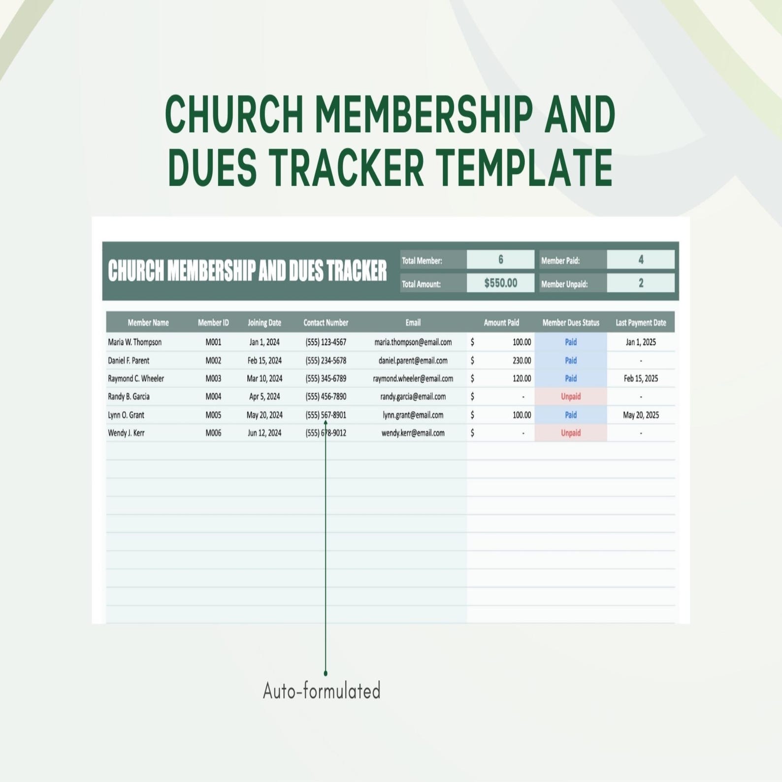 Church Membership & Dues Tracker Template | Donation Log, Tithe Record ...