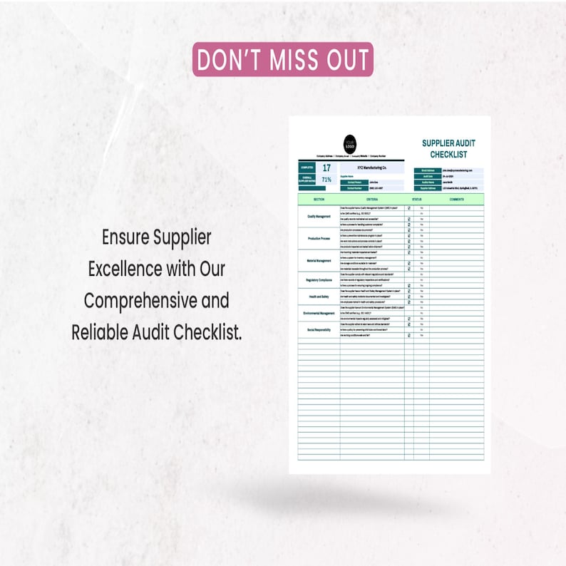 Operations Supplier Audit Checklist Template • Excel & Google Sheets ...