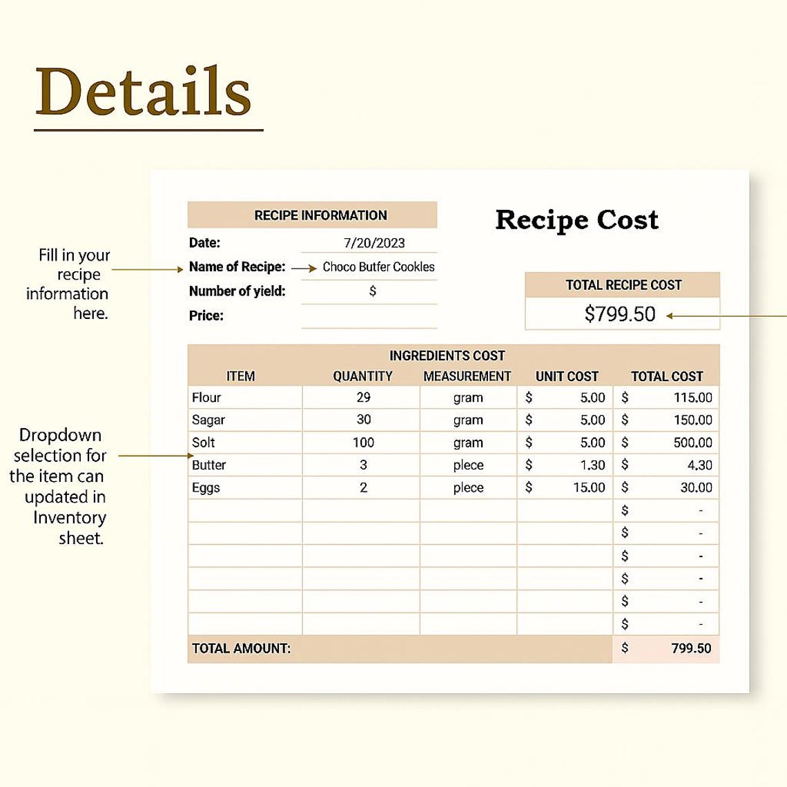Recipe Cost Template Excel & Google Sheets | Food Cost Calculator ...