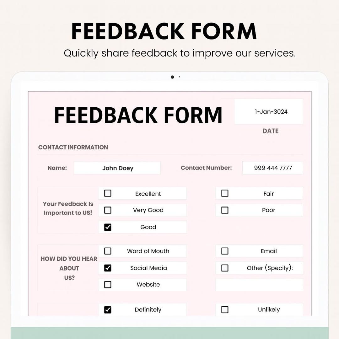 Feedback Form Template | Editable Excel, Google Sheets & Printable PDF ...