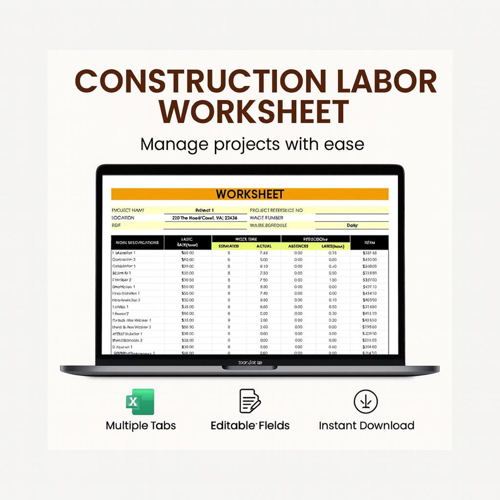 Construction Labor Worksheet Template Excel Google Sheets Contractor ...